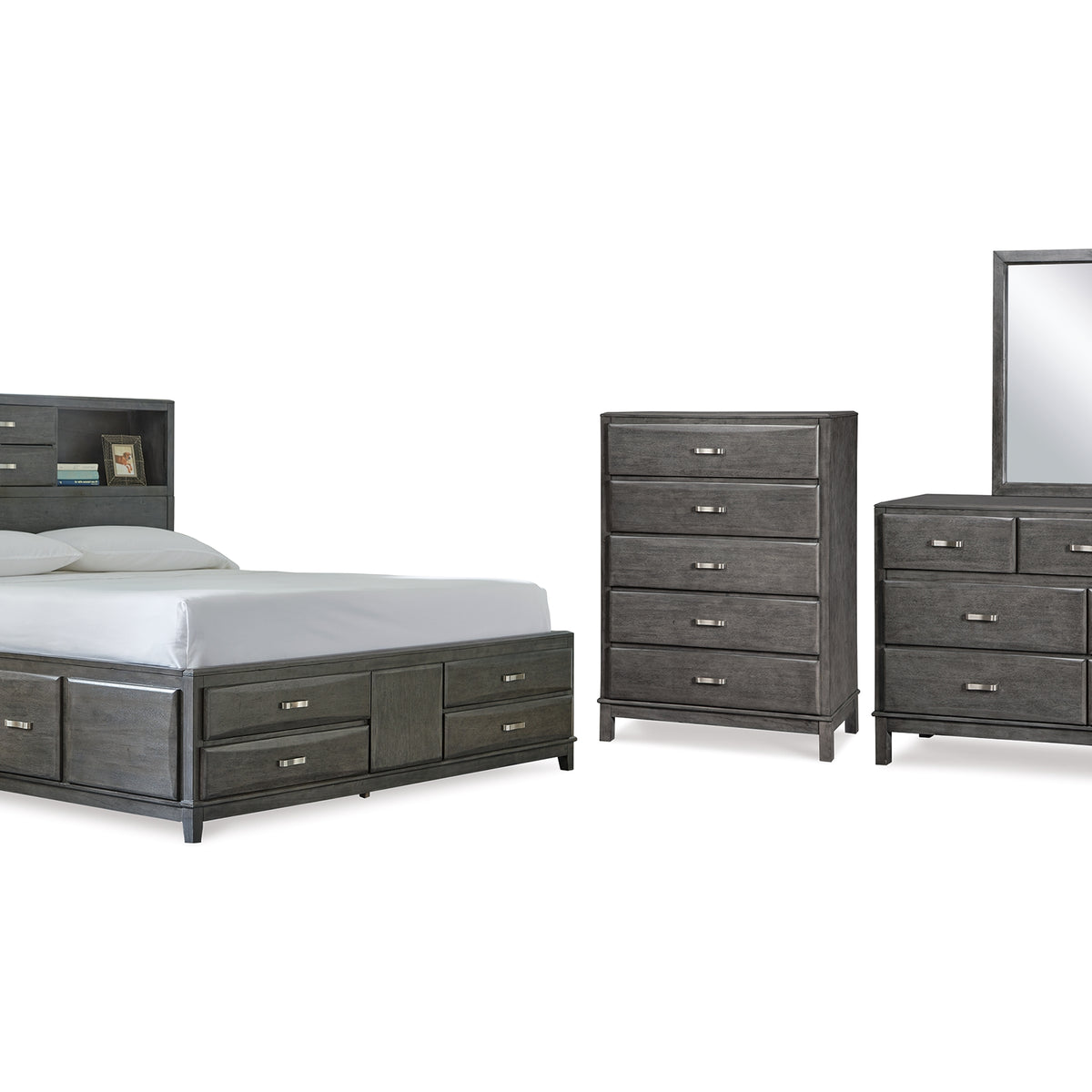 Caitbrook Gray Queen Storage Bed, Dresser, Mirror And Chest – Redwood ...