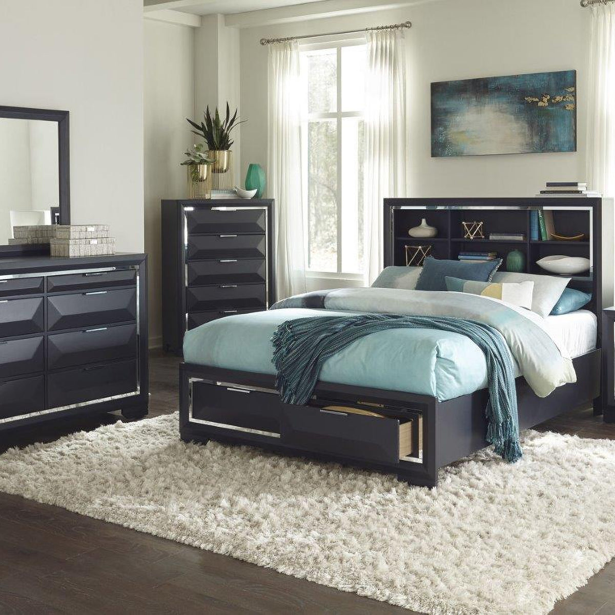 Rosemont Midnight Blue Storage Bookcase Platform Bedroom Set – Redwood ...